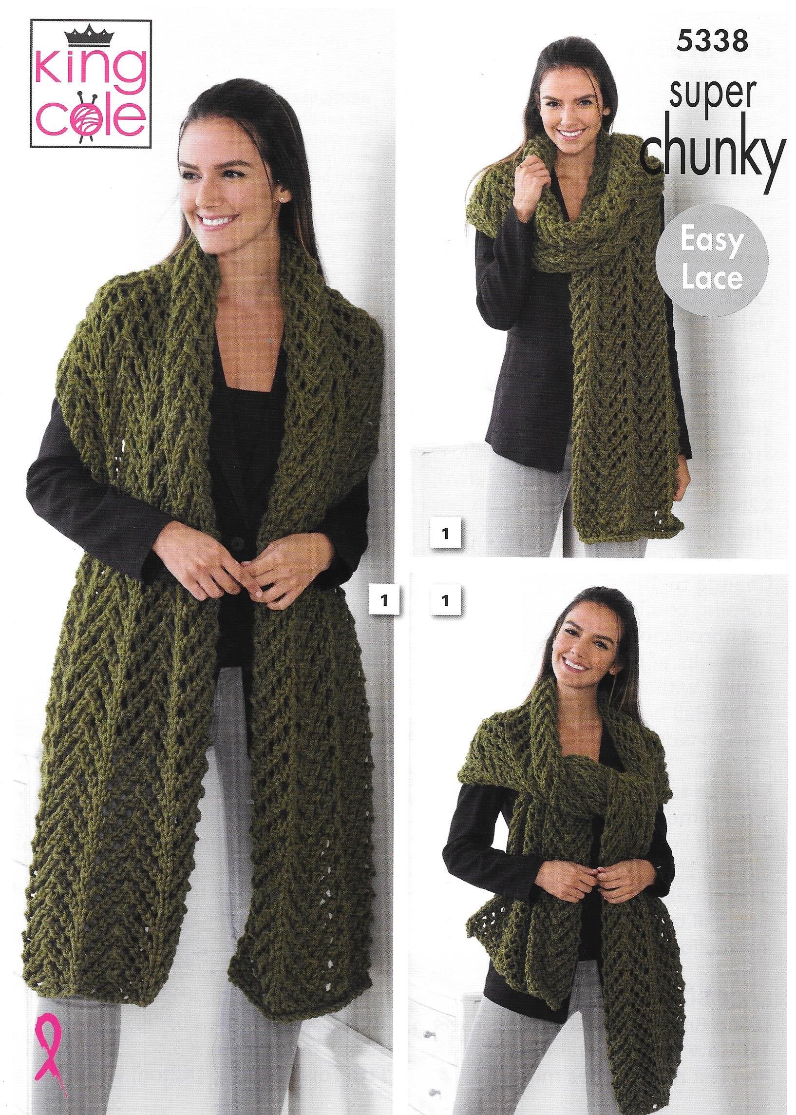 King Cole 5338 Super Chunky ladies Lace Scarves Knitting Pattern – Wool ...